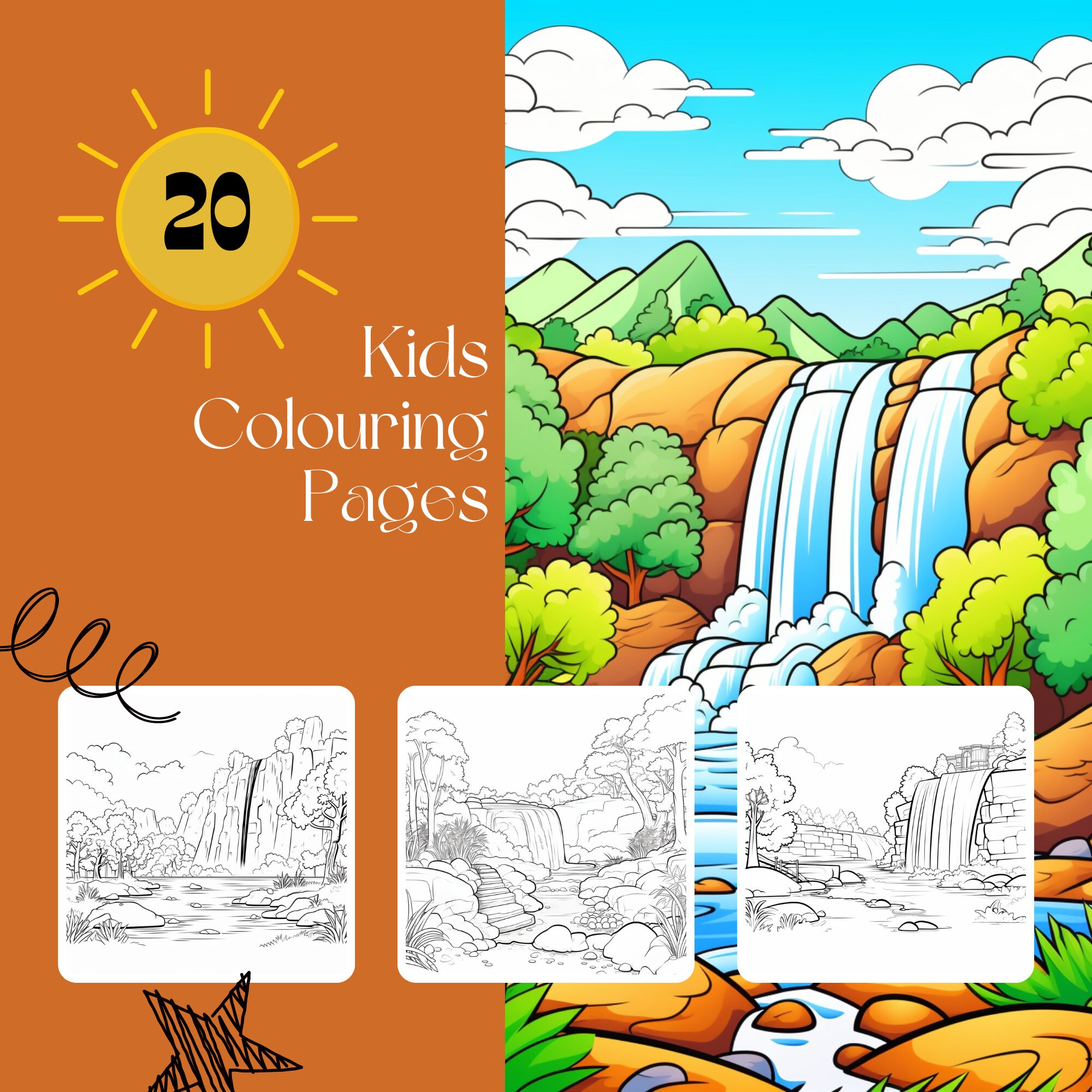 20 Waterfall Landscape Kids Colouring Pages, Amazing Patterns, Kids ...