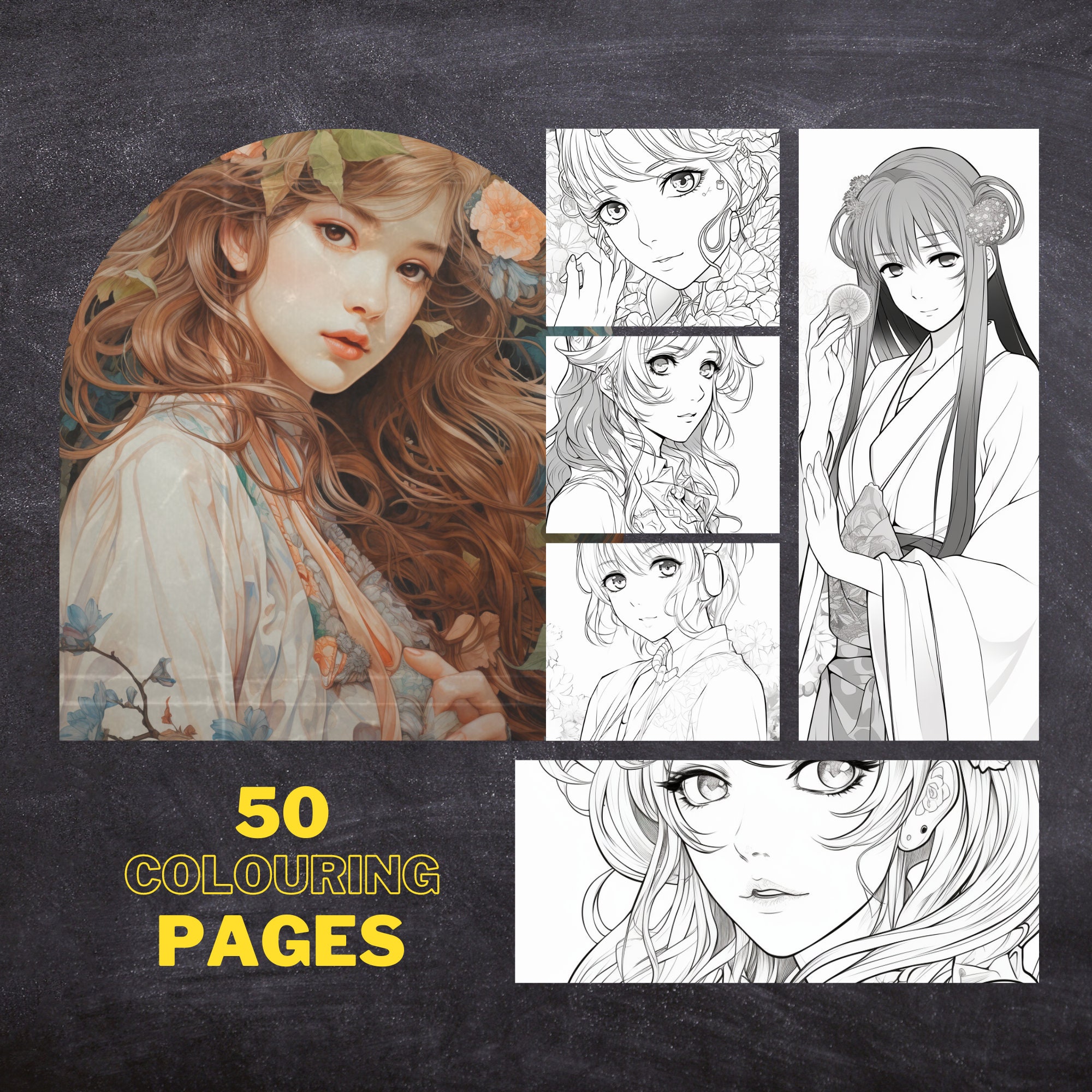 50 Anime Girl Colouring Pages for Adults, Amazing Patterns for Stress ...