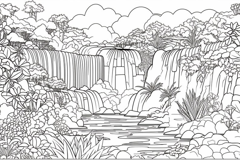 50 Waterfall Landscape Colouring Pages, Amazing Patterns, Adult ...