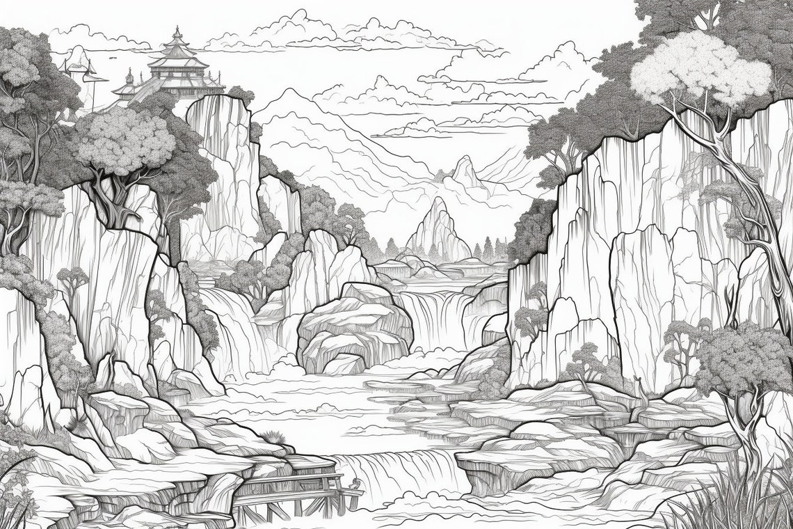 50 Waterfall Landscape Colouring Pages, Amazing Patterns, Adult ...