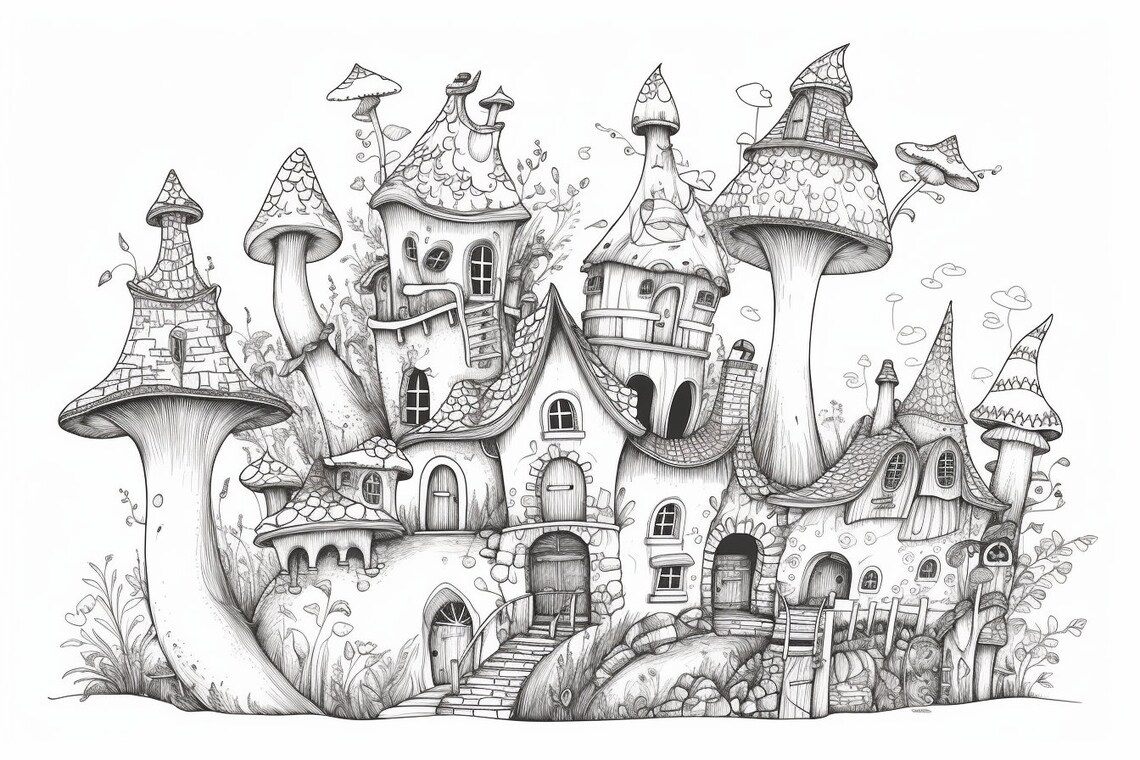 50 Mushroom Fairy Houses Colouring Pages for Adults, Amazing Patterns ...