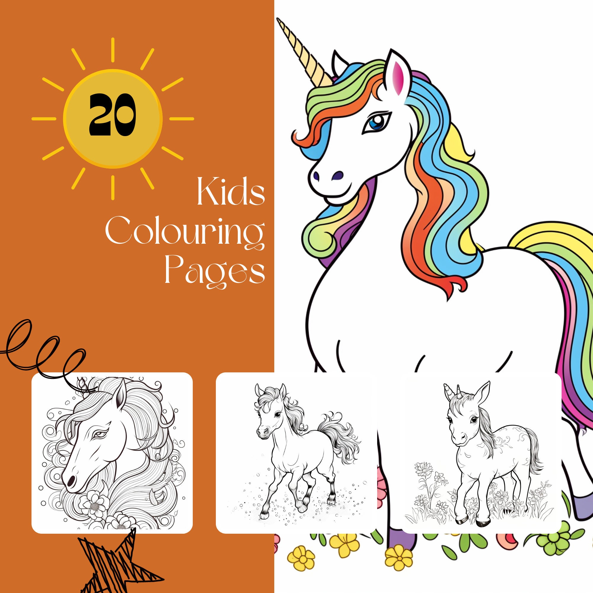 20 Unicorn Kids Colouring Pages, Amazing Patterns, Kids Colouring Book ...