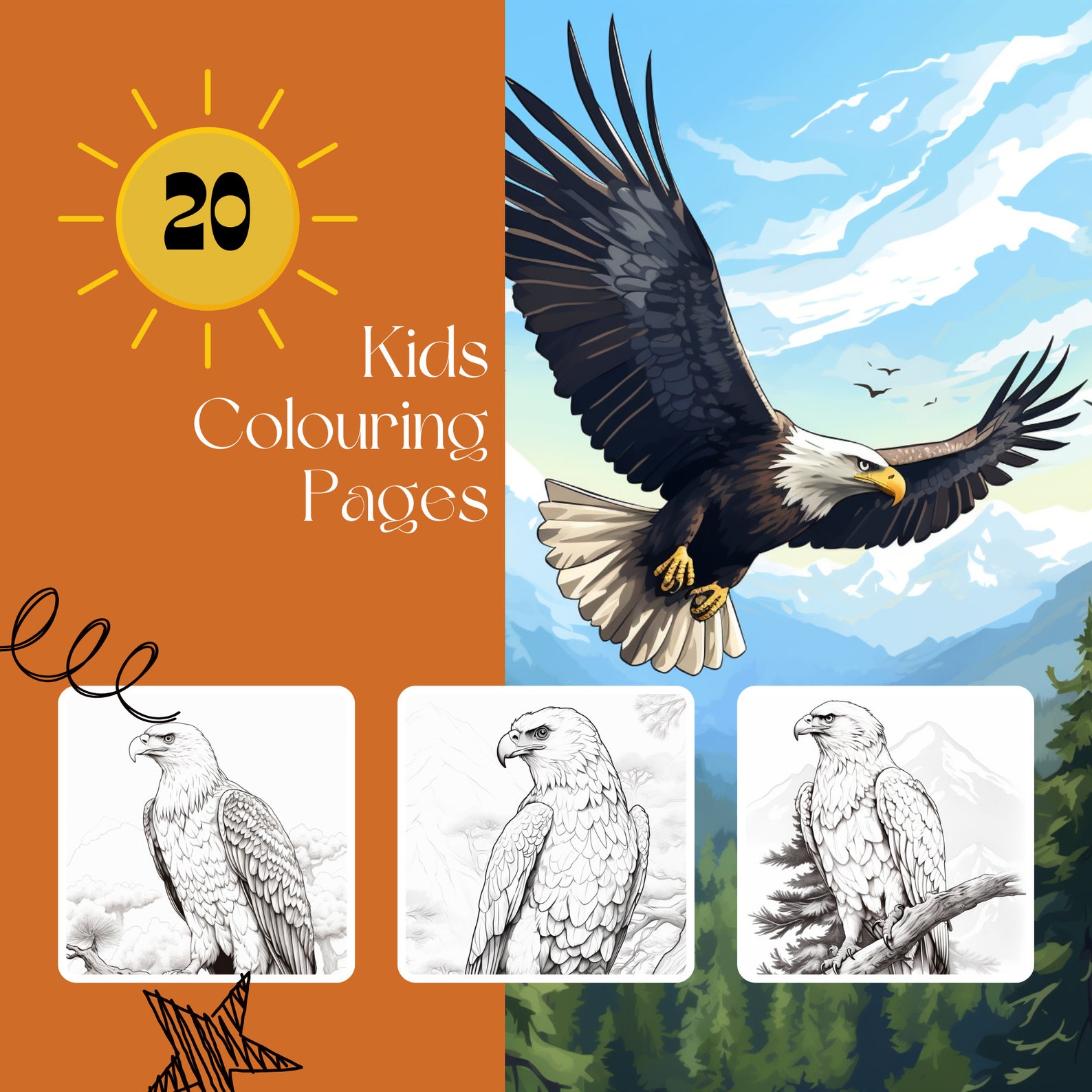 20 Eagle Kids Colouring Pages, Amazing Patterns, Kids Colouring Book, Digital Colouring ...