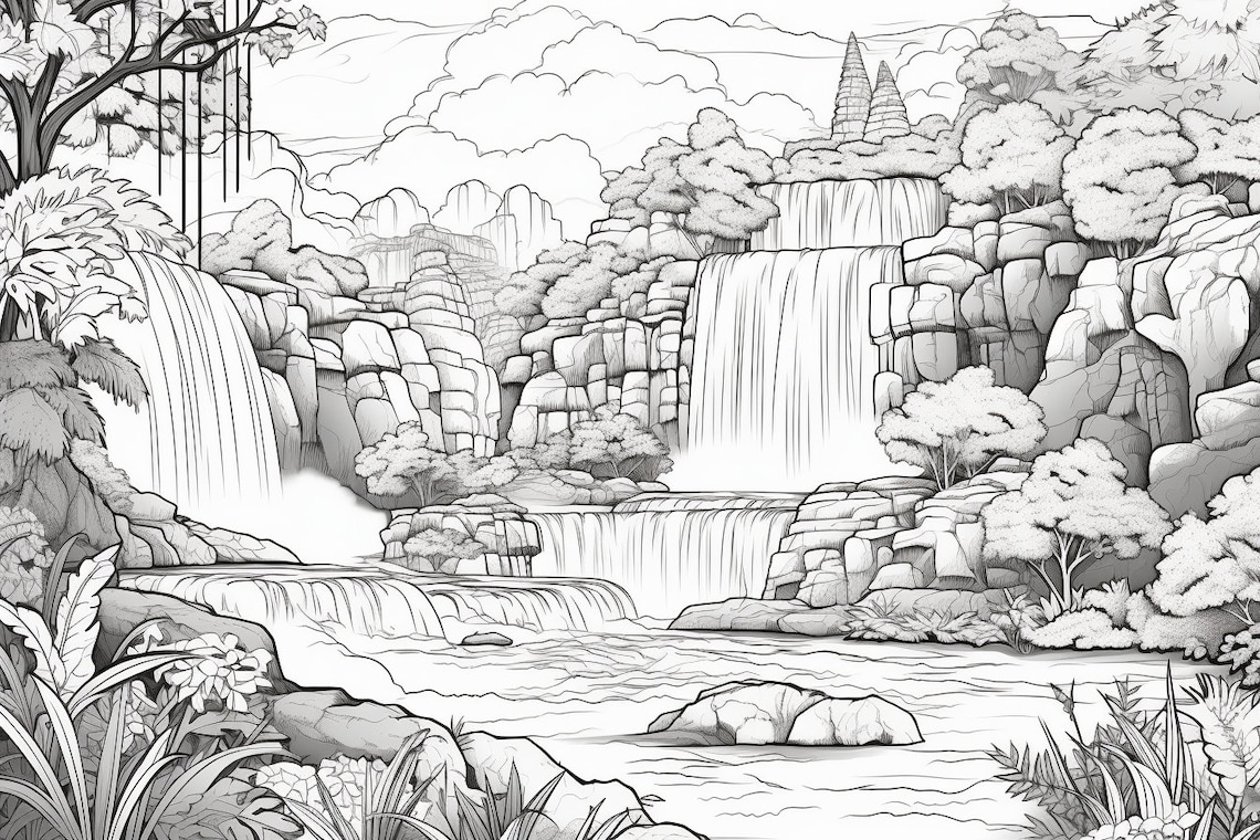 50 Waterfall Landscape Colouring Pages, Amazing Patterns, Adult ...