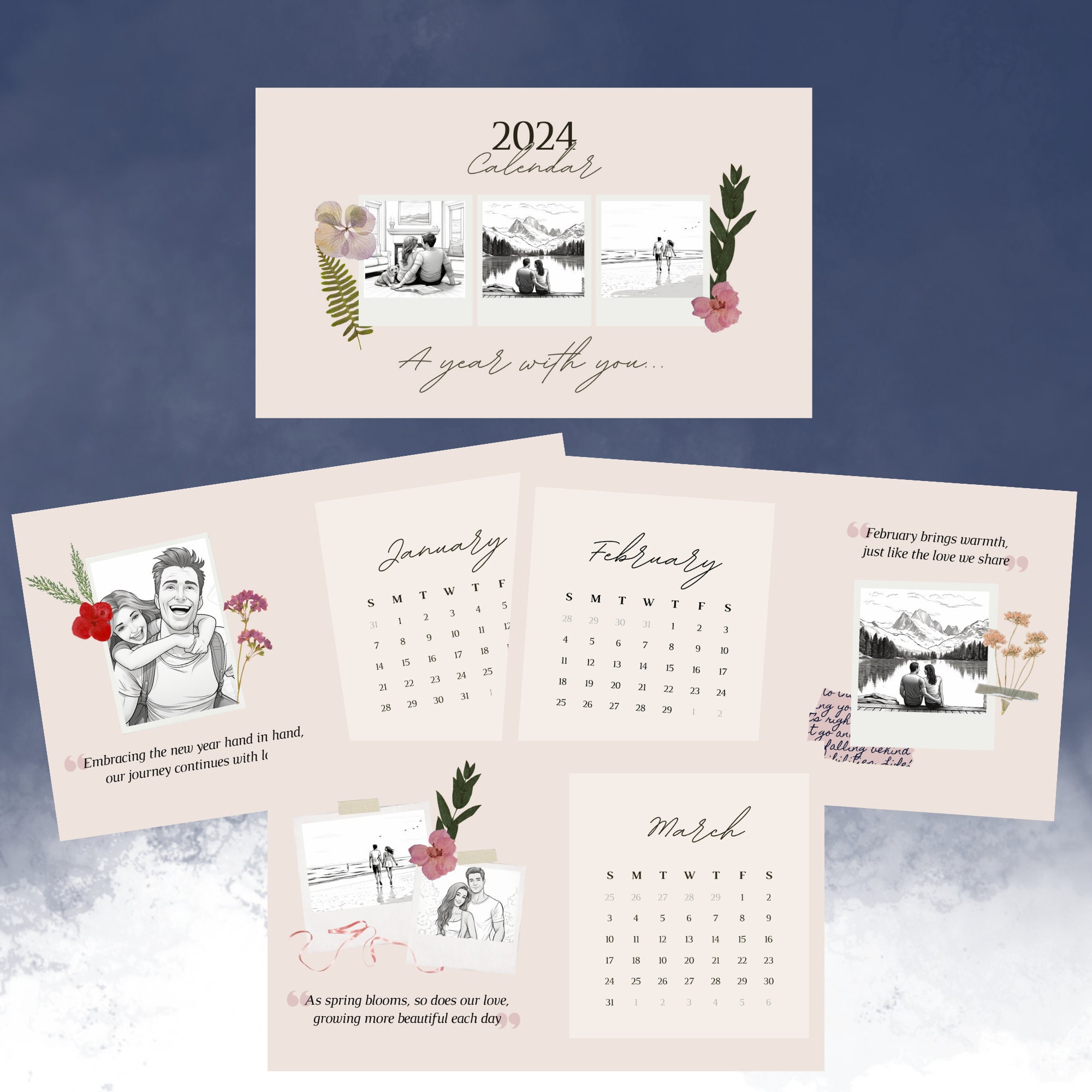 2024 Calender Couples Coloring Pages for Kids and Adults Instant ...
