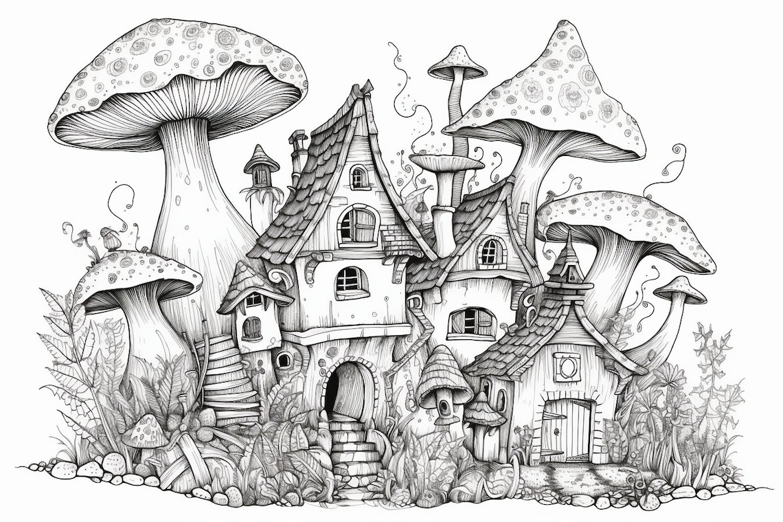 50 Mushroom Fairy Houses Colouring Pages for Adults, Amazing Patterns ...
