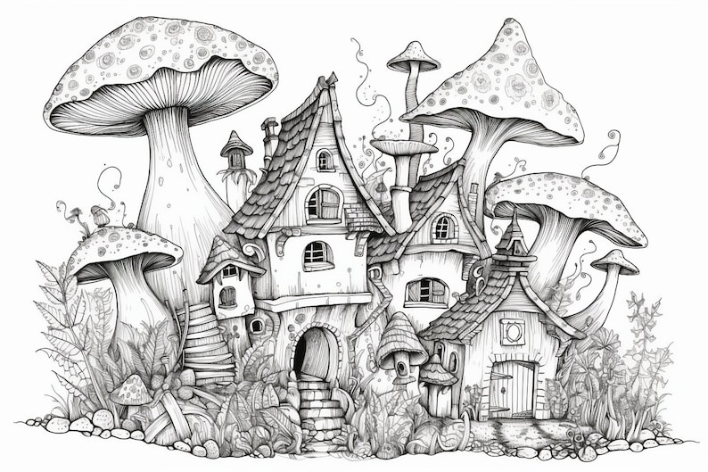 50 Mushroom Fairy Houses Colouring Pages for Adults, Amazing Patterns ...