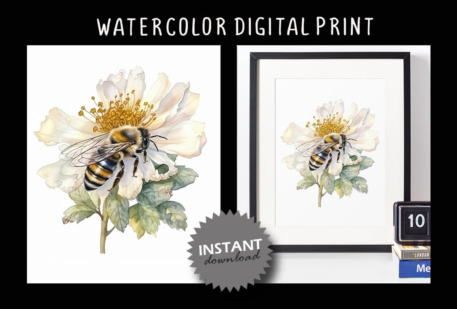 Honeybee on White Flower, Digital Watercolor Print, JPEG Format, Wall ...