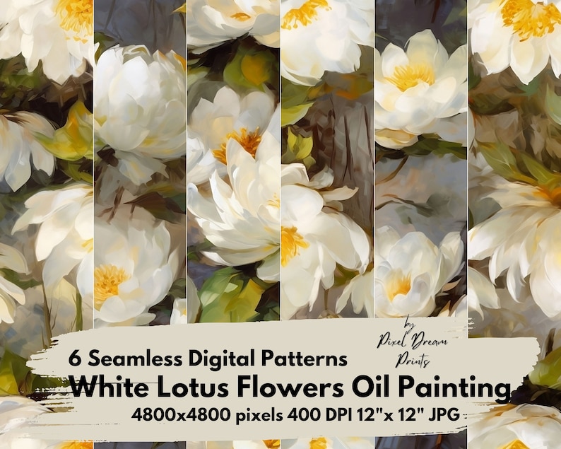 White Lotus Flowers Oil Painting, Seamless Pattern, Digital Paper, for ...