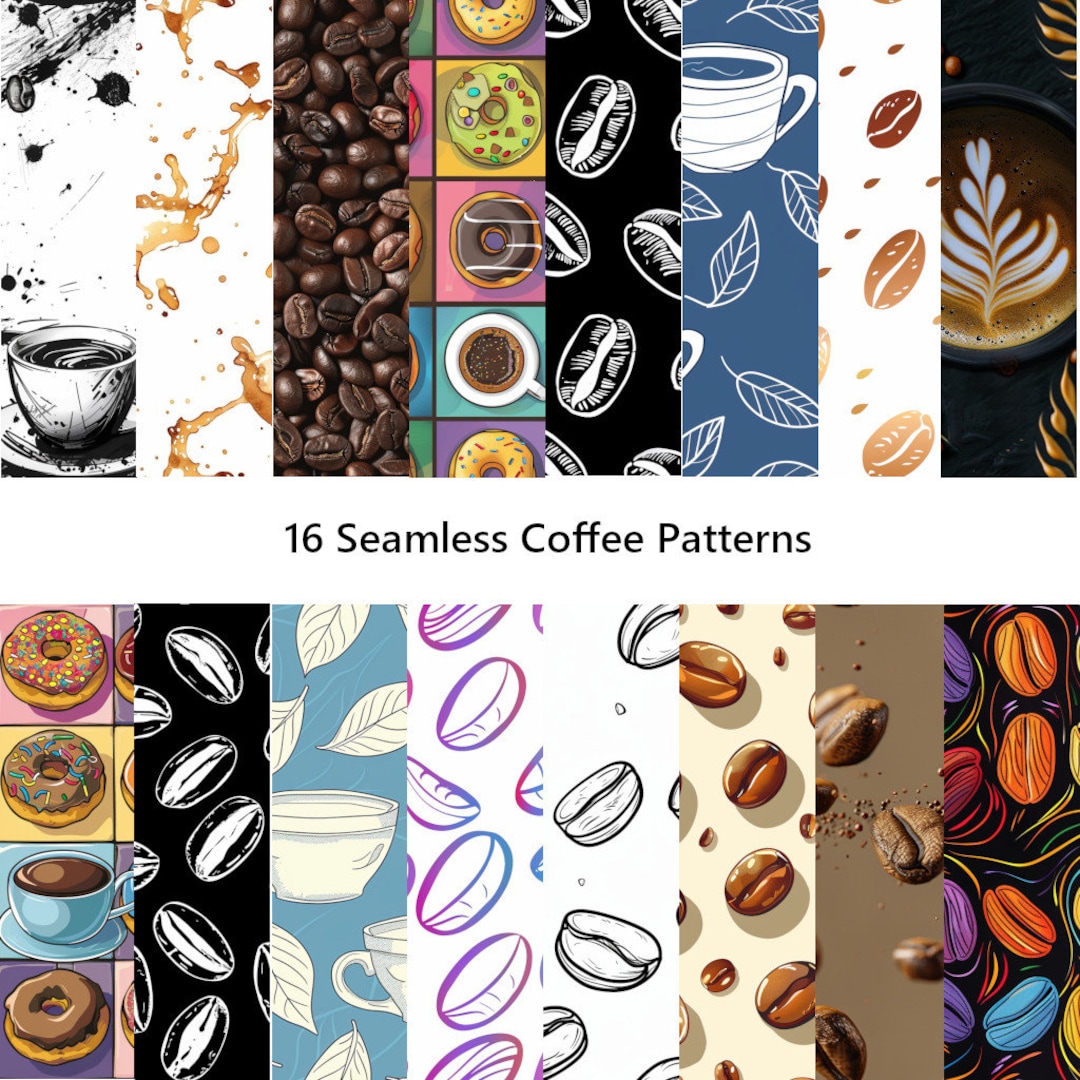Coffee Themed - 16 Seamless Patterns - Coffee Beans, Coffee Spills ...