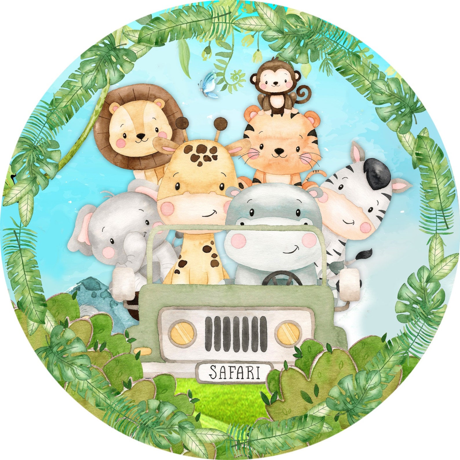 5x5ft Safari Jungle Animals Baby Round Backdrop Zoo Animals Tropical ...
