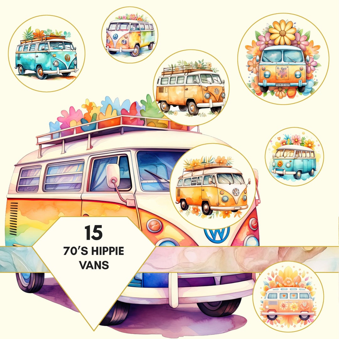 70s Hippie Van Clipart Hippie Clipart Set for Retro Journal With ...
