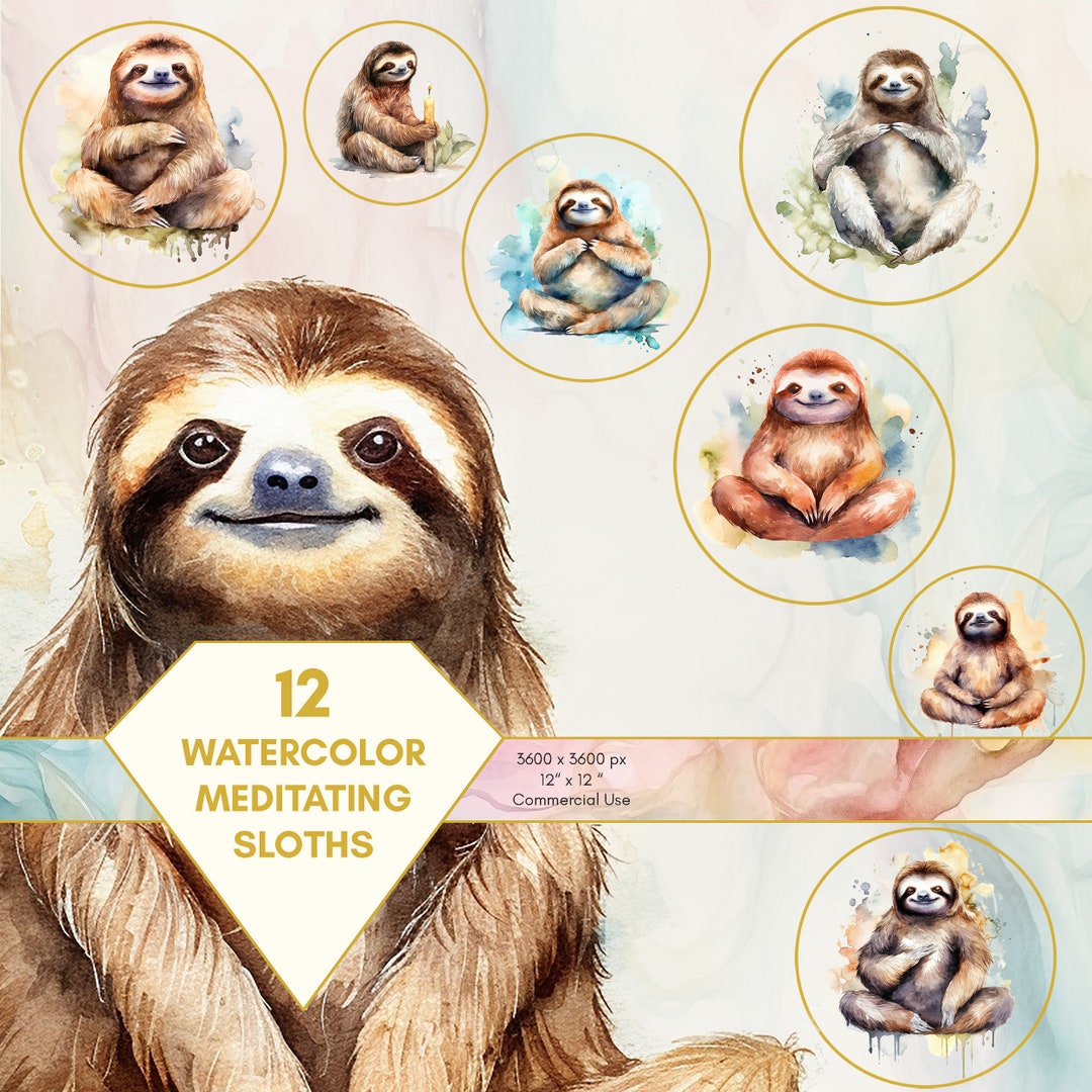Watercolor Meditating Sloth Clipart, INSTANT DOWNLOAD, PNG Format ...
