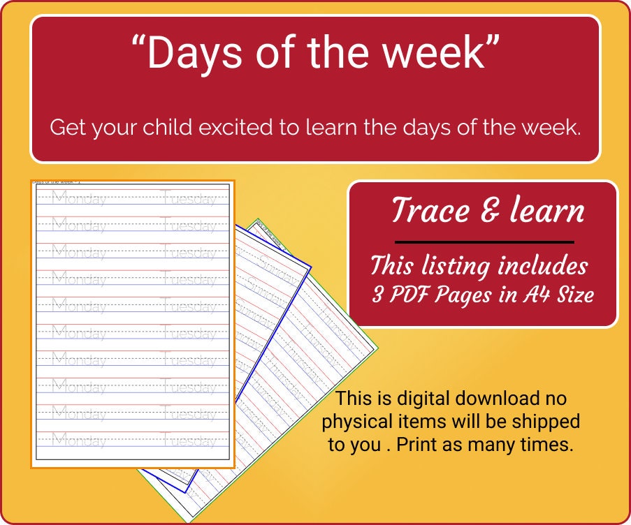 Days of the Week Tracing Sheets for Preschool Kids - Etsy