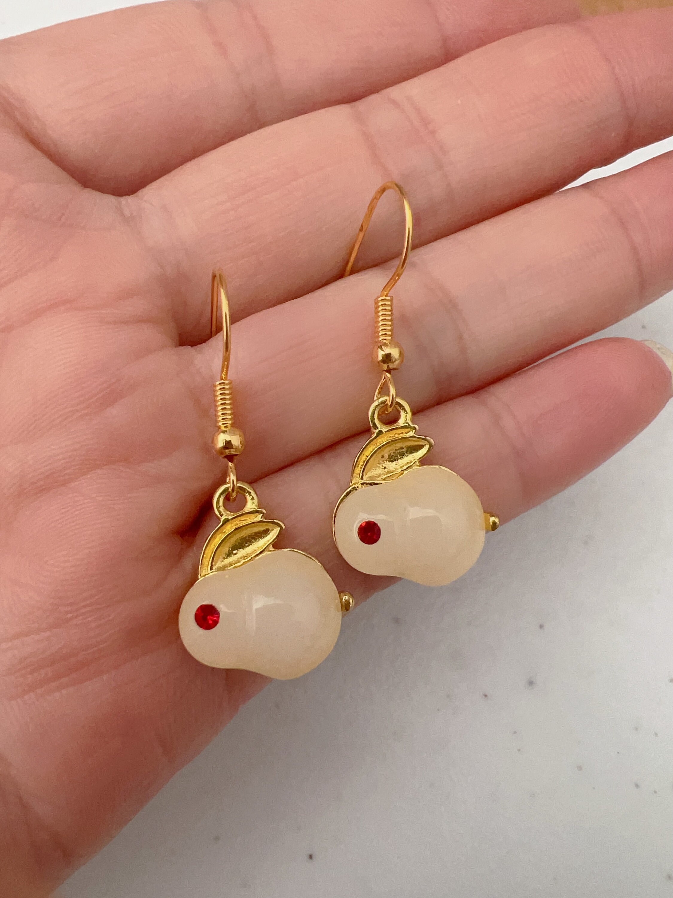 White Jade Rabbit Earring, Golden Ears Rabbit Bunny Earring Dangle ...