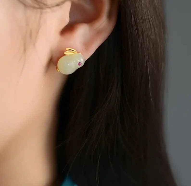 White Jade Rabbit Earring, Golden Ears Rabbit Bunny Earring Dangle, Bunny Earrings, Gift Ideas ...