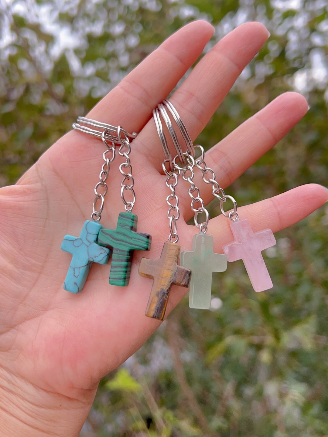 Stone Cross Keychain, Yellow Tiger Cross, Turquoise Cross, Rose Quartz ...