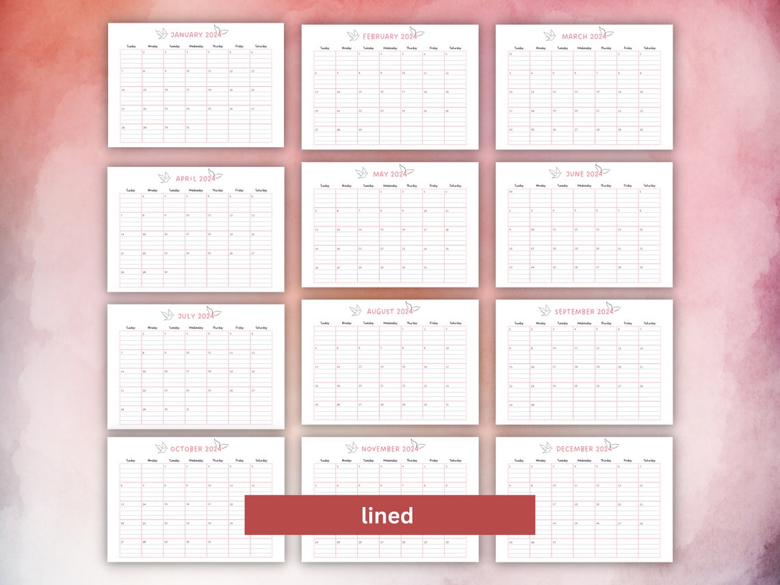 Printable Calendar 2024 Monthly Planner 2024 A4, Letter Size Landscape ...