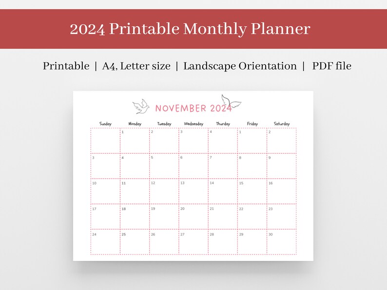 Printable Calendar 2024 Monthly Planner 2024 A4, Letter Size Landscape ...