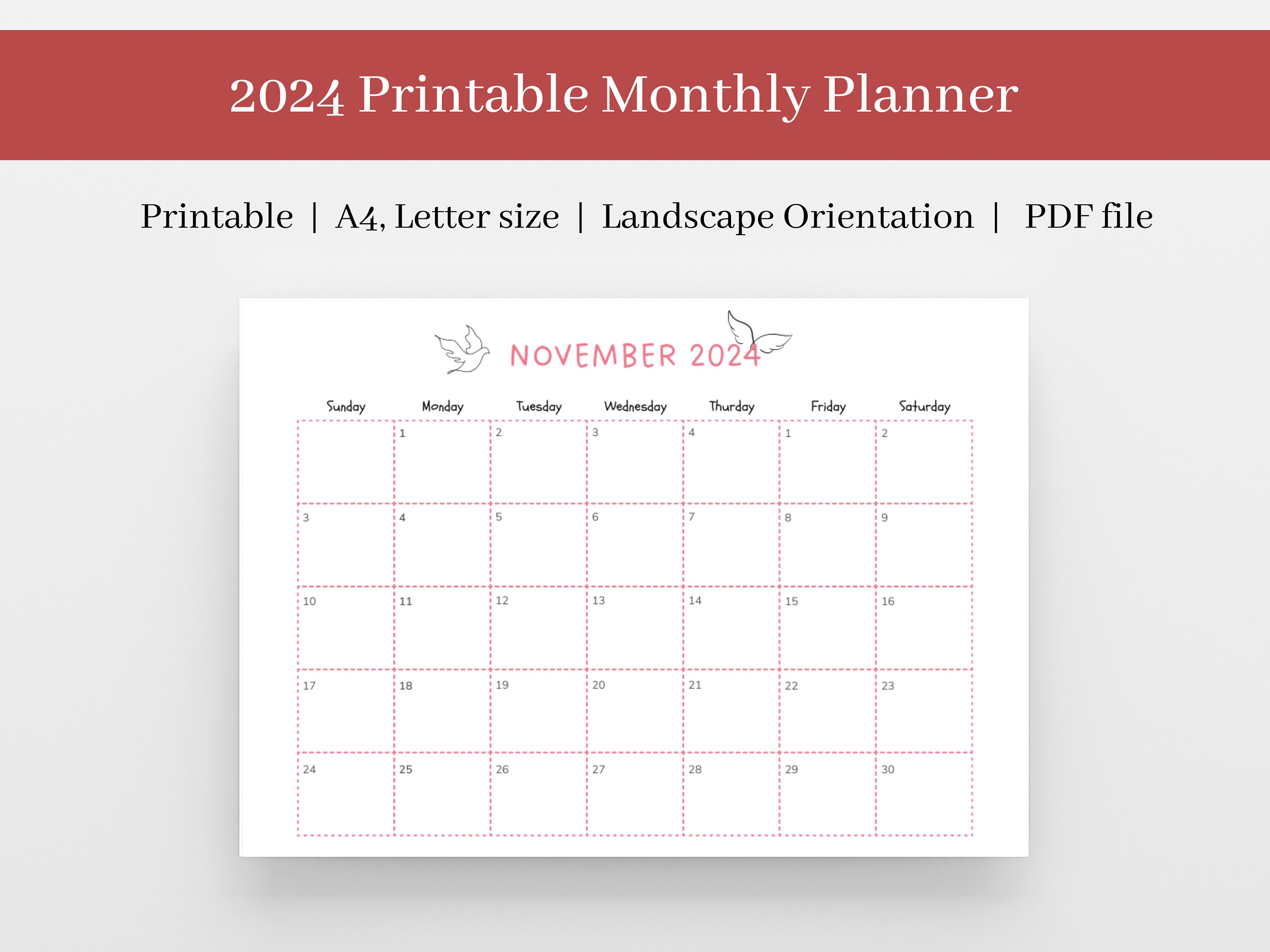 Printable Calendar 2024 Monthly Planner 2024 A4, Letter Size Landscape ...
