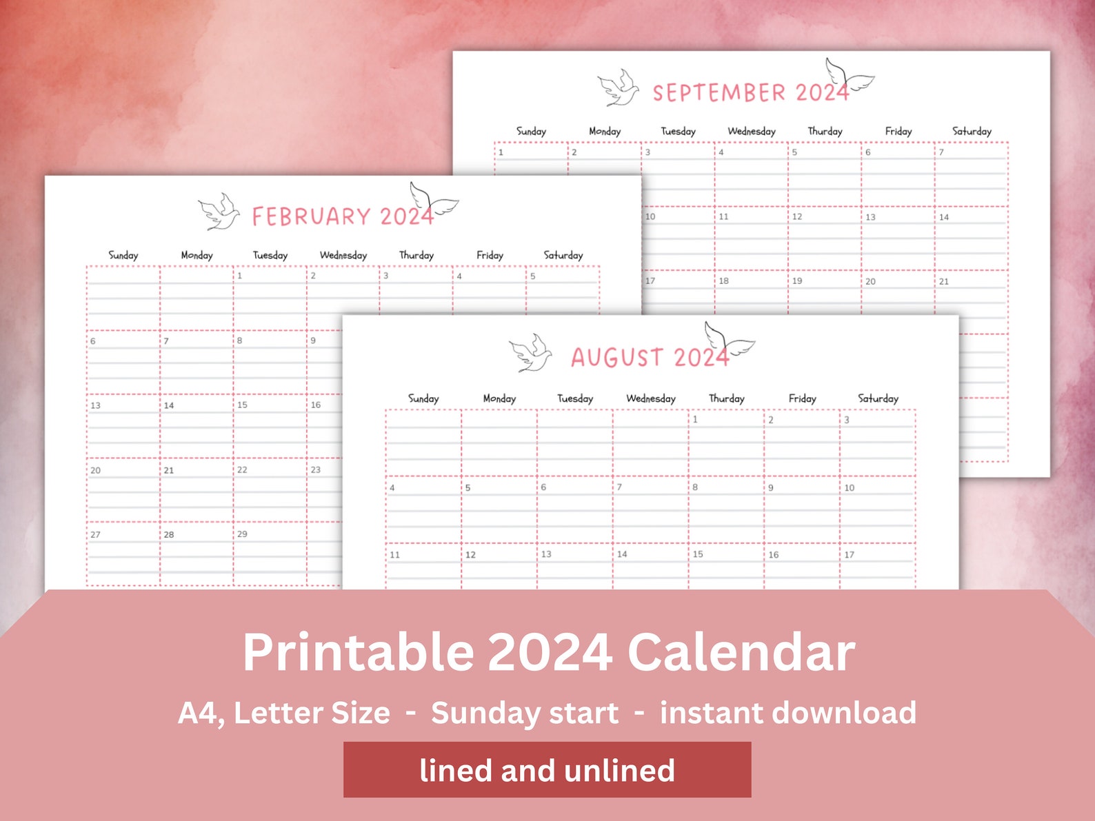 Printable Calendar 2024 Monthly Planner 2024 A4, Letter Size Landscape ...