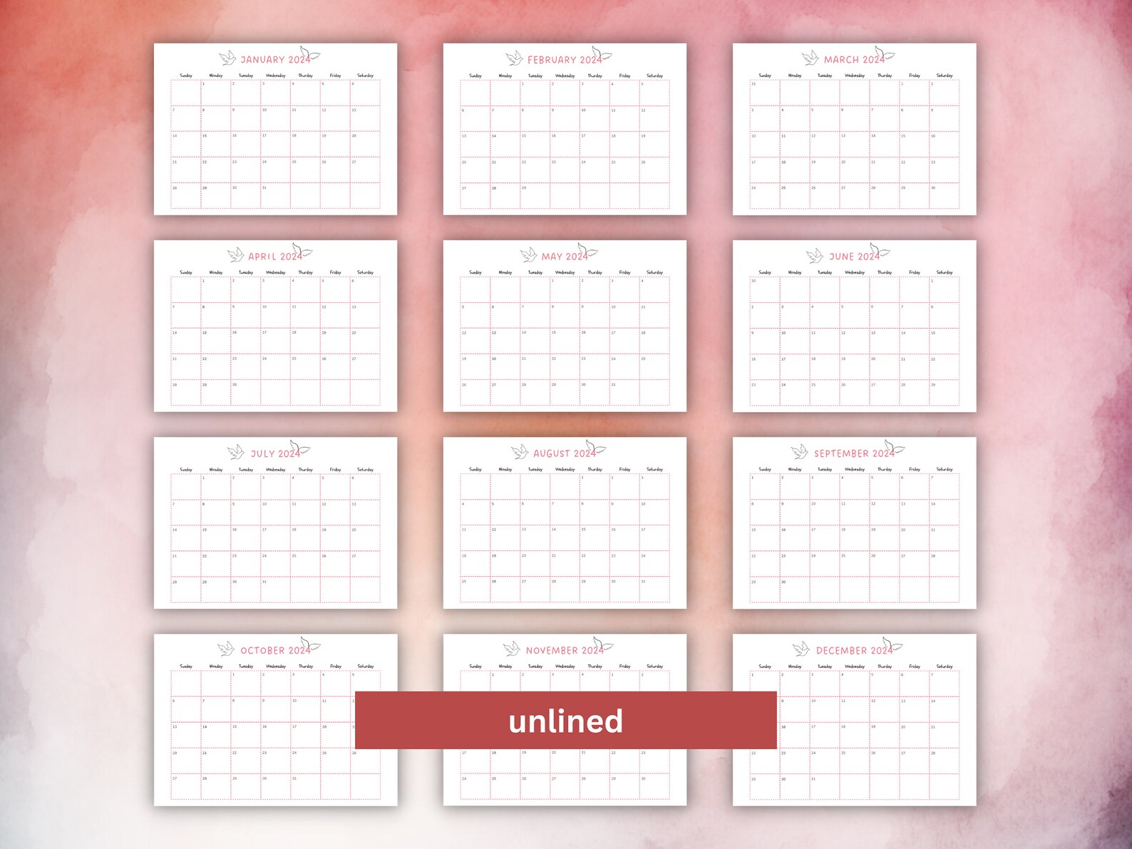 Printable Calendar 2024 Monthly Planner 2024 A4, Letter Size Landscape ...