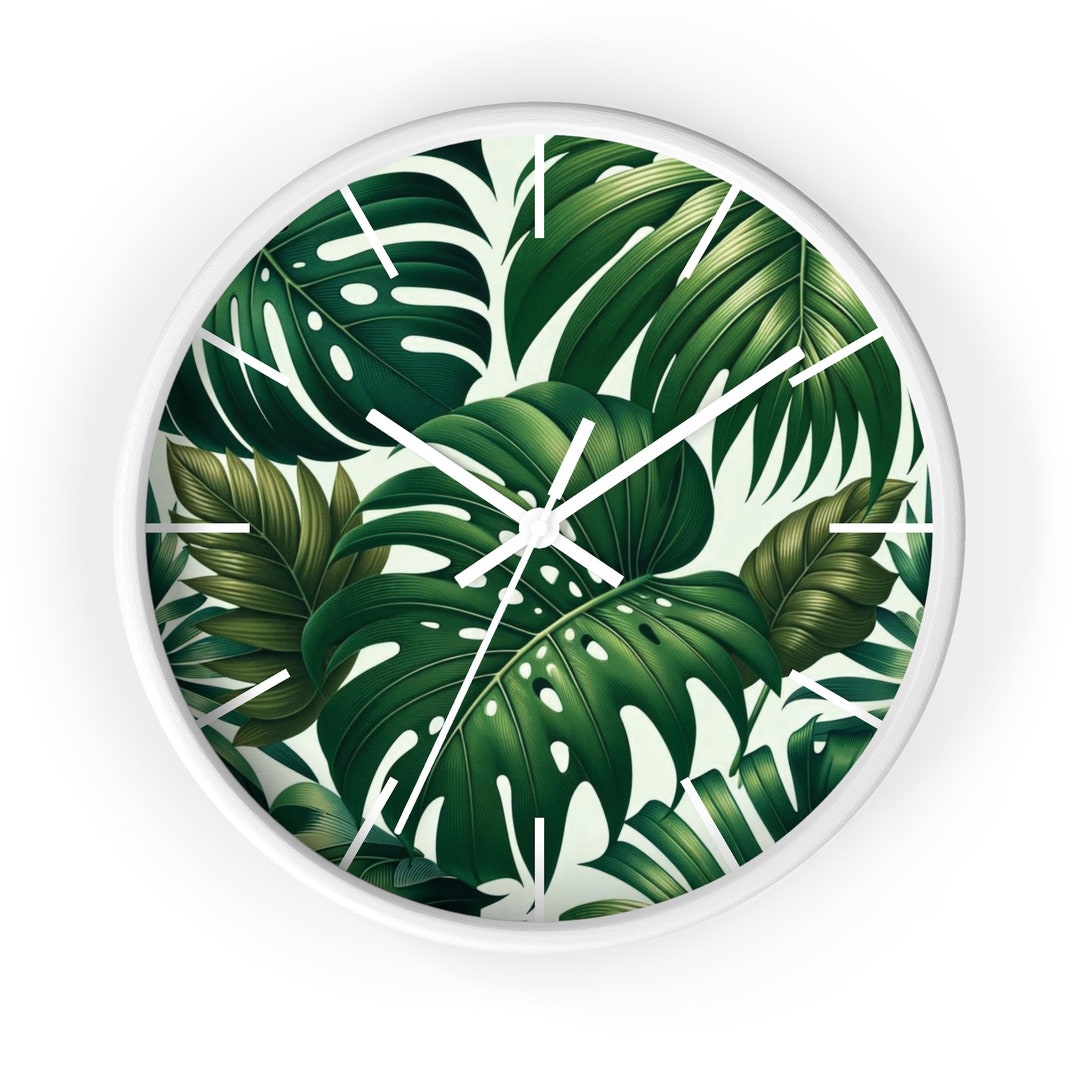 Tropical Leaves Wall Clock Bold Monstera and Palm Leaf Design, Lush ...