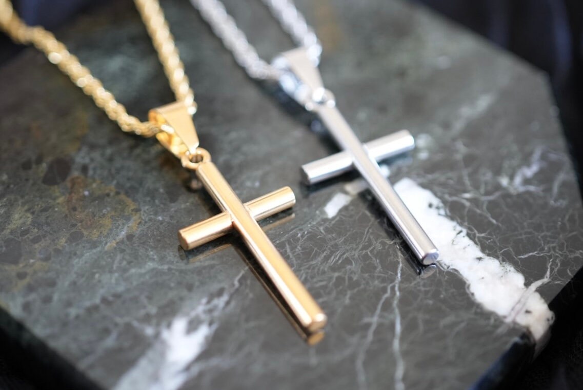 Men's Gold, Silver Cross Necklace Cross Rope Chain Necklace Waterproof ...