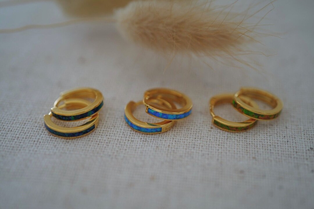 Opal Inlay Huggie Hoop Earring - Minimalist Fire Opal Hoop Earrings ...