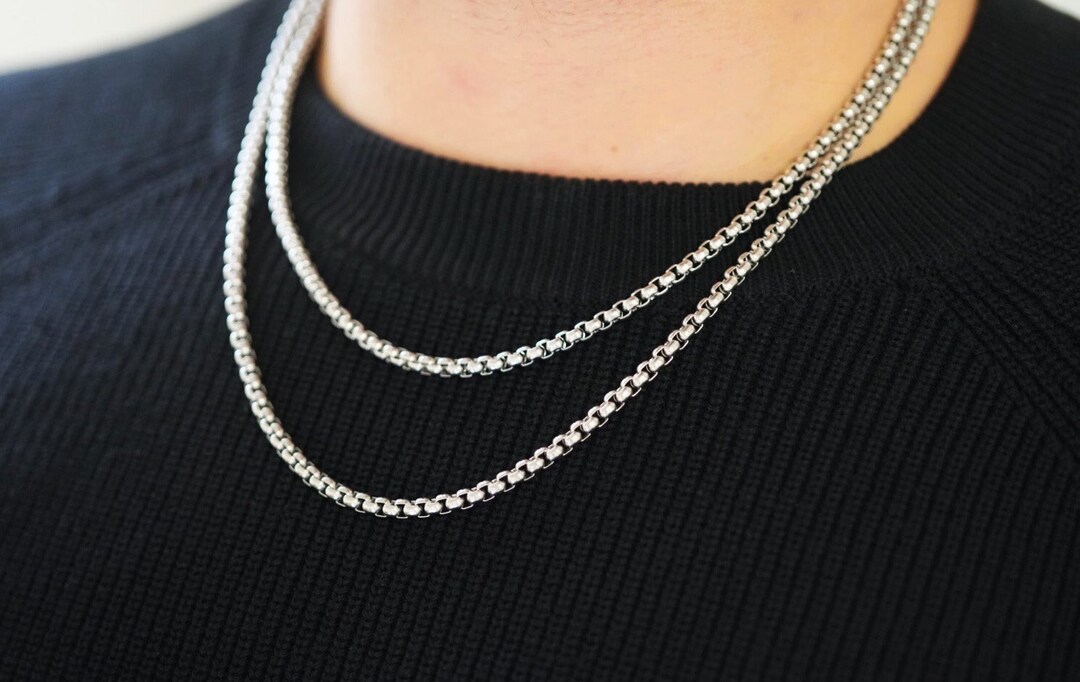 Silver Round Box Chain for Men , Men's Silver Box Chain Necklace ...