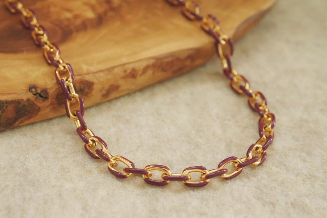 Chunky Link Chain Necklace - Burgundy Enamel Link Chain Bracelet ...