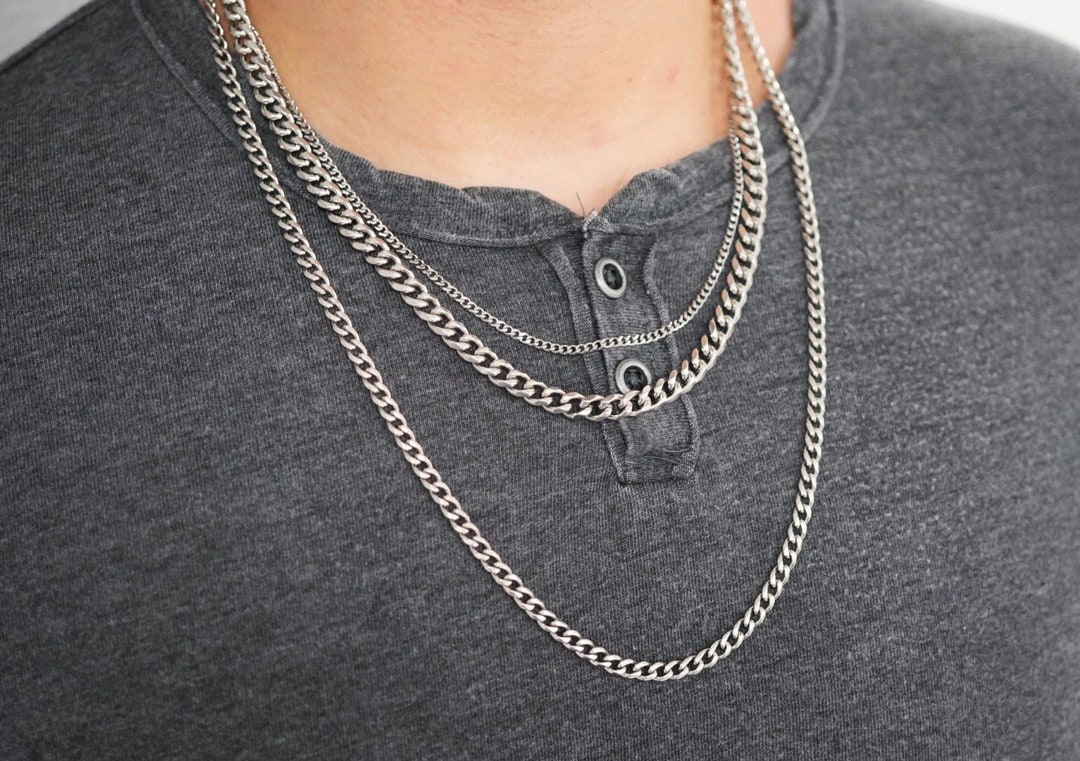 Men's Silver Cuban Chain Necklace . Men's Silver Necklace . Stainless ...