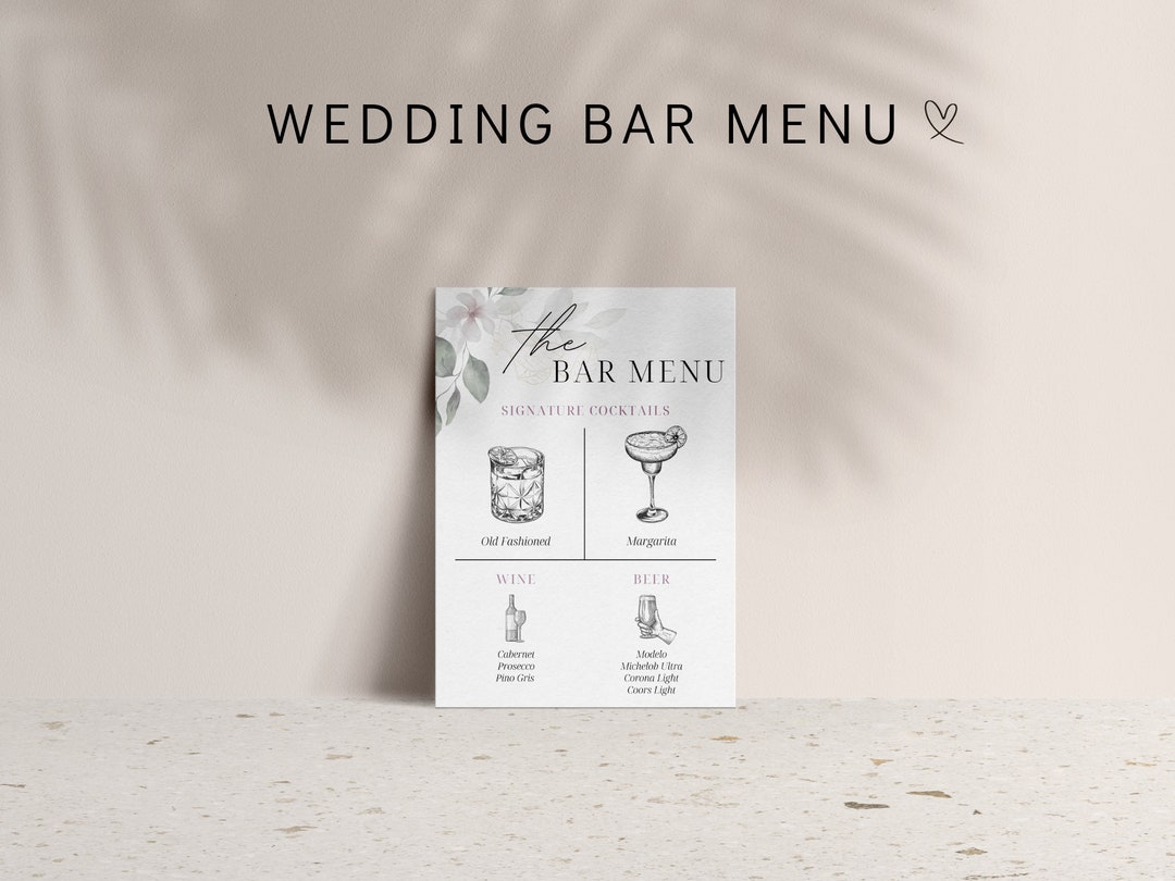 Bar Menu Template | Wedding Signature Drinks | Editable Menu Canva - Etsy