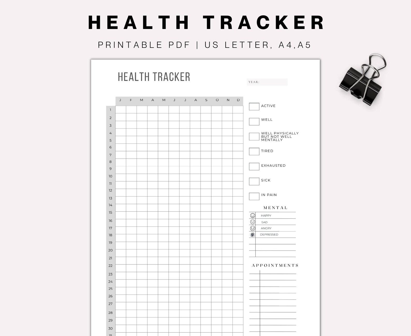 Health Tracker A5 A4 Letter Printable Mental Health Tracker Depression ...