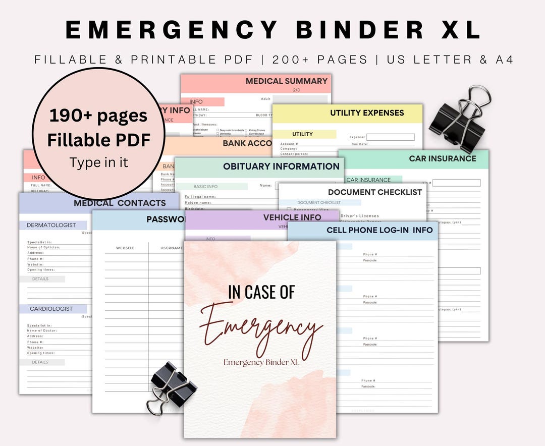 Emergency Binder XL: Fillable Life Planner (printable PDF), Important ...