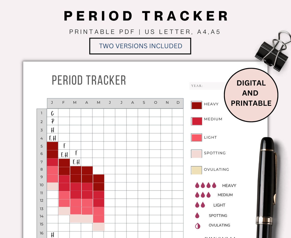Period Tracker A5 A4 Letter Printable Menstruation Tracker Ovulation ...