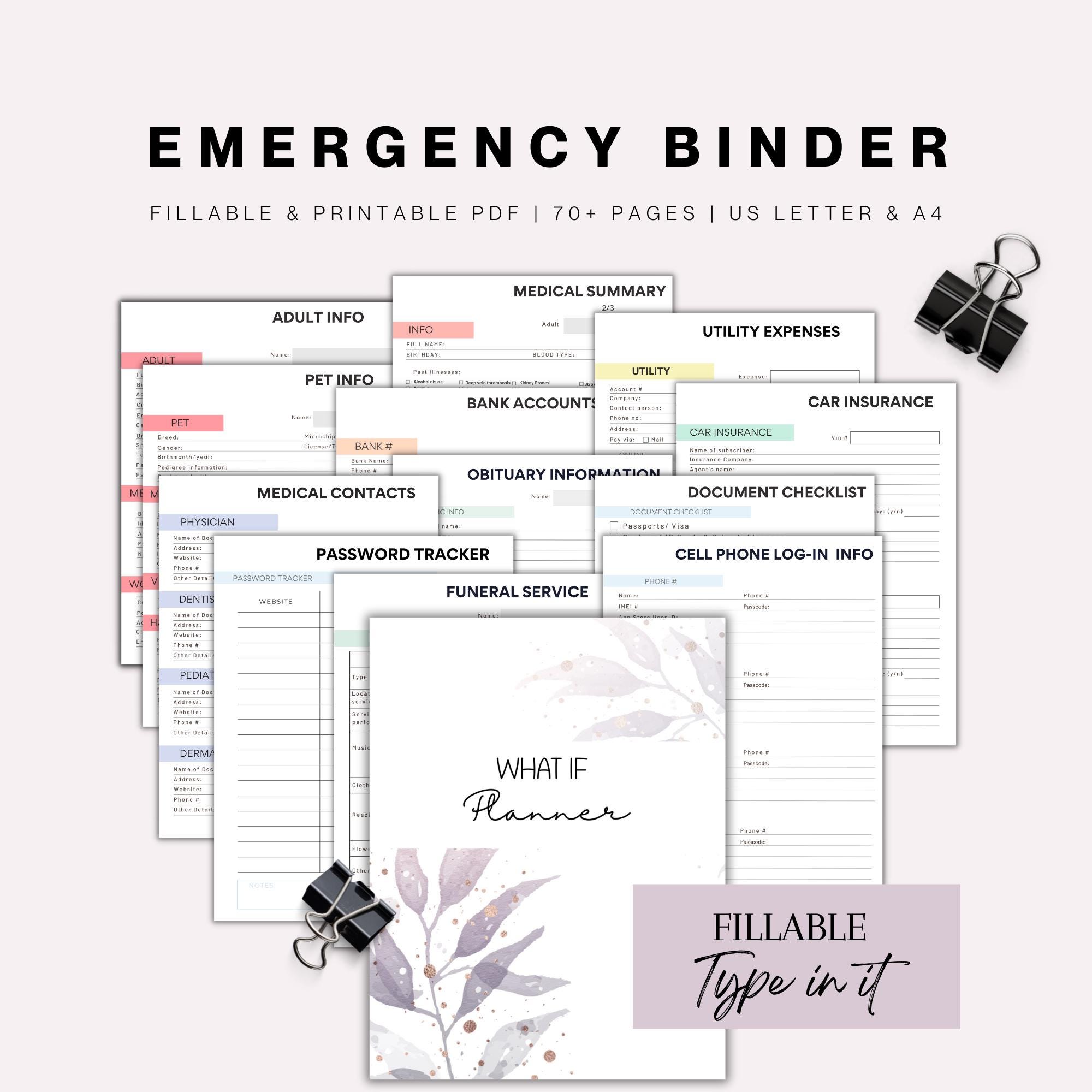 Emergency Binder Fillable Printable, in Case of Emergency Planner, Just ...
