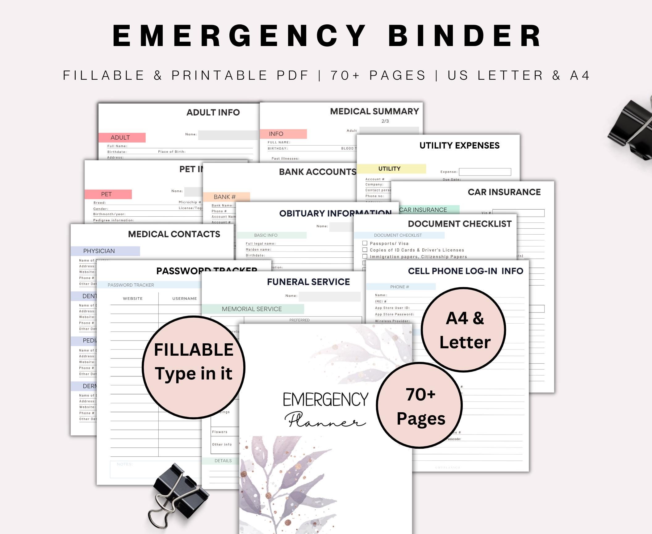 Emergency Binder Fillable Printable, in Case of Emergency Planner, Just ...