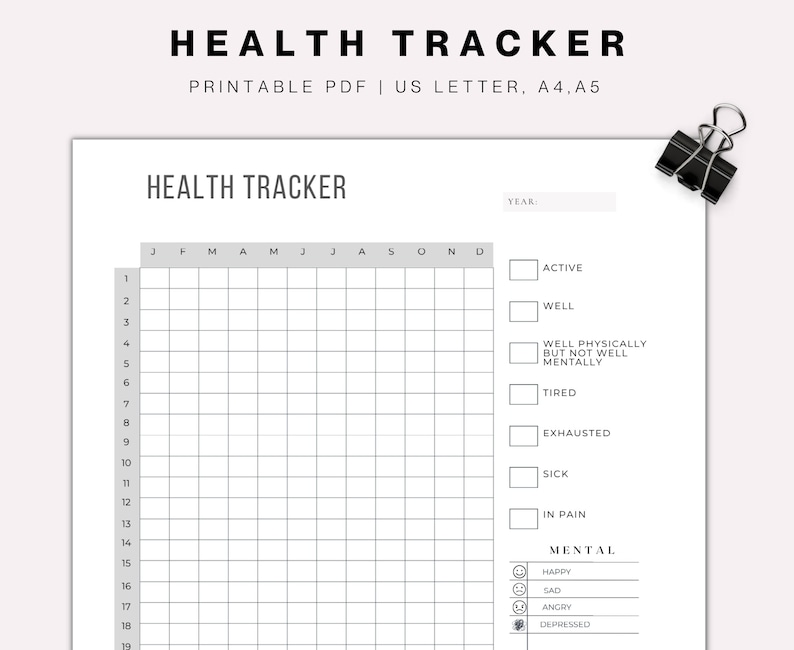 Health Tracker A5 A4 Letter Printable Mental Health Tracker Depression ...