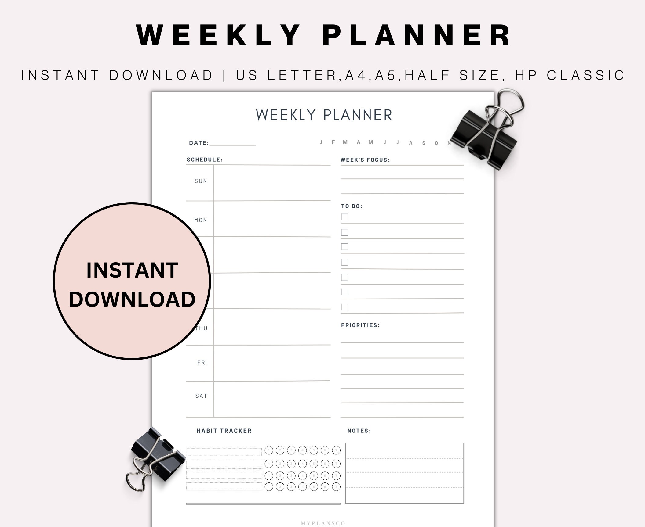 Weekly Planner Printable Weeky Schedule Planner Work Planner Homework ...