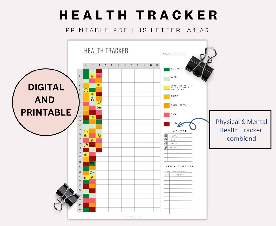 Health Tracker A5 A4 Letter Printable Mental Health Tracker Depression ...