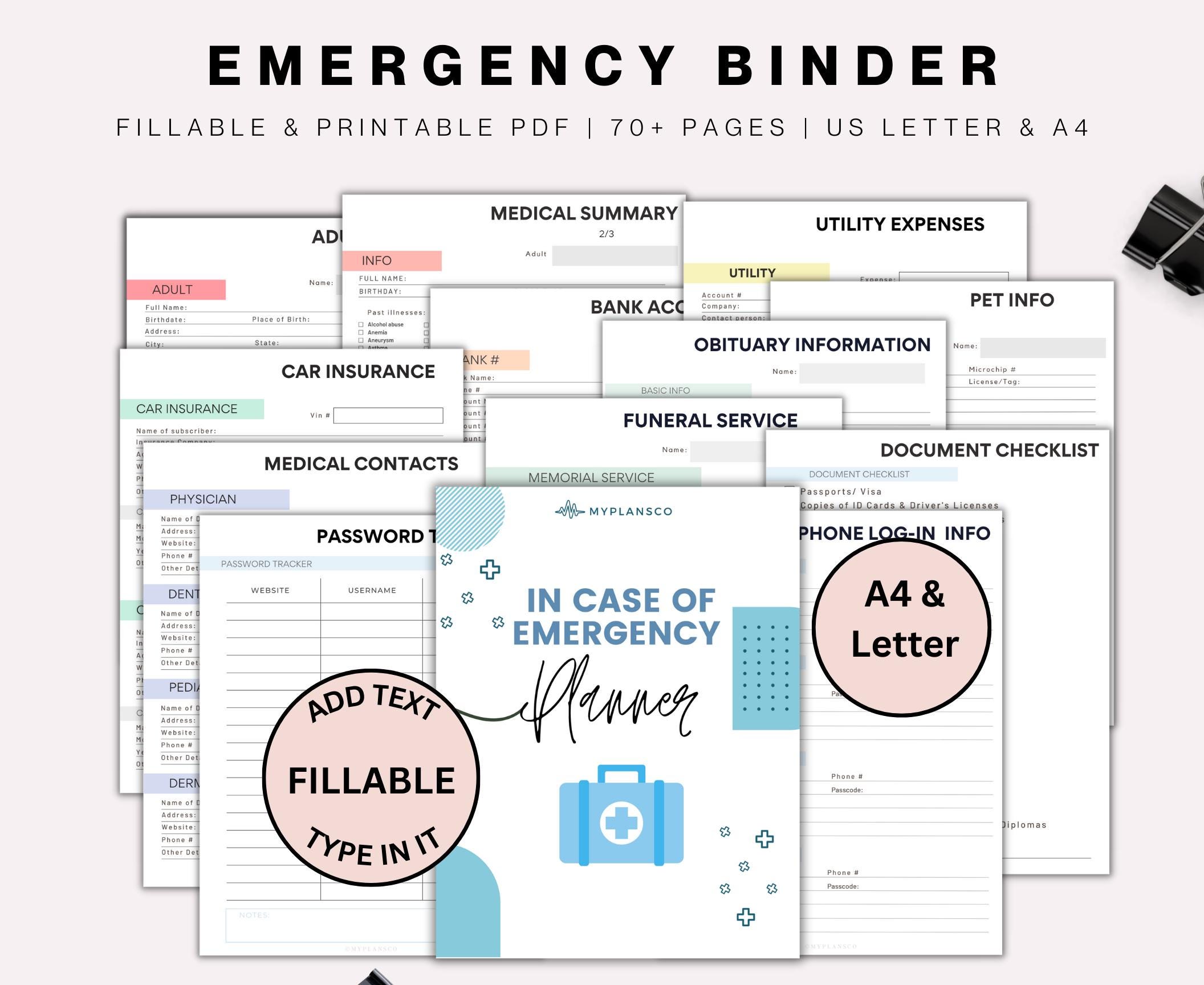 Editable in Case of Emergency Planner Printable Emergency Binder, End ...