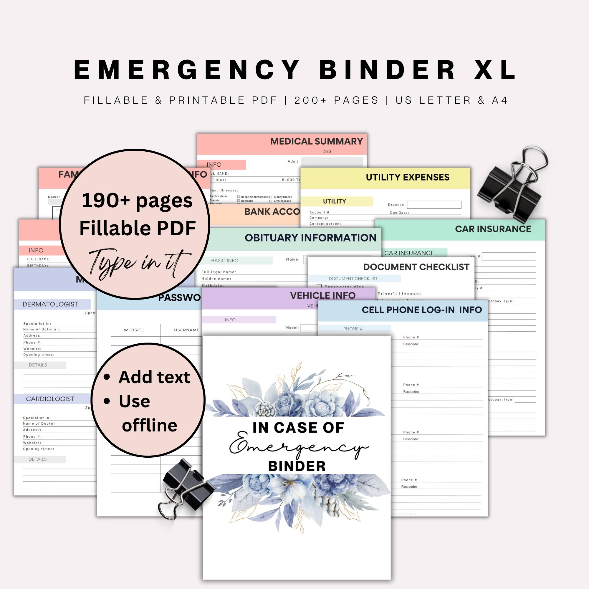 Editable Emergency Binder, Just in Case Binder, Emergency Planner, End ...