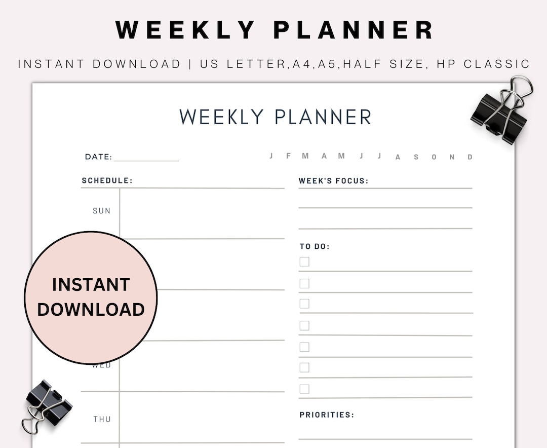 Weekly Planner Printable Weeky Schedule Planner Work Planner Homework ...