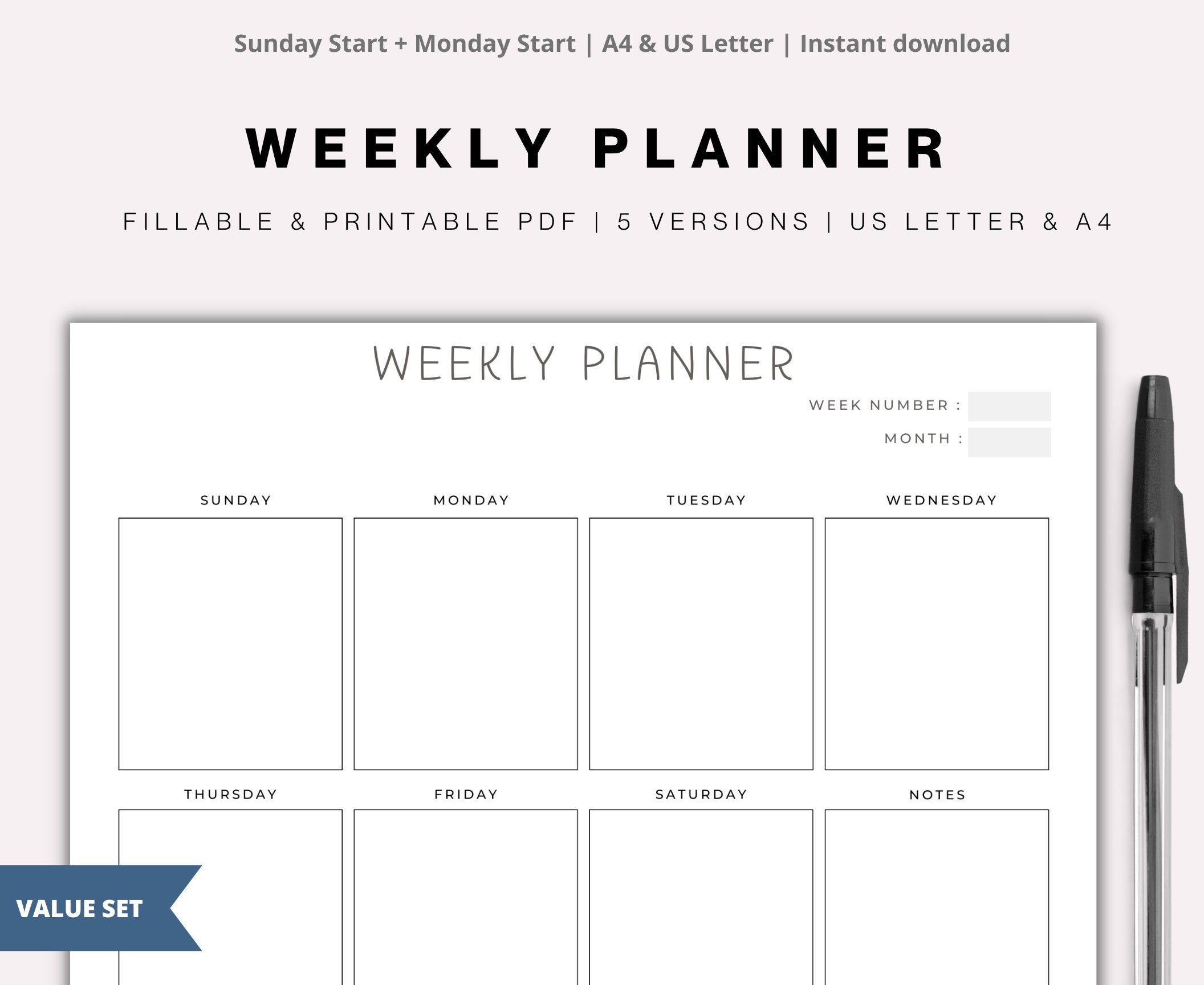 Weekly Planner Printable Fillable Editable Minimalist Weekly Schedule ...