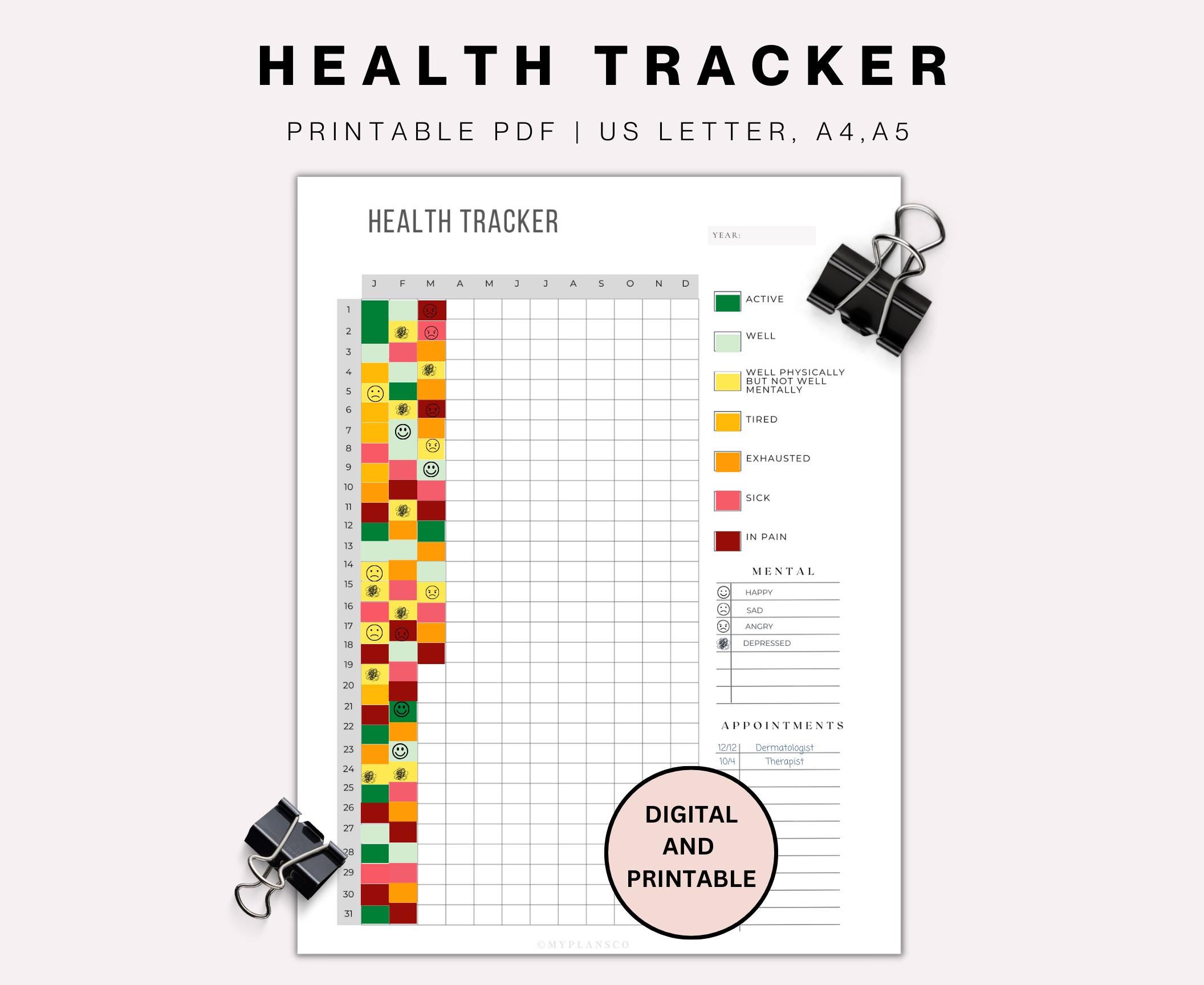 Health Tracker A5 A4 Letter Printable Mental Health Tracker Depression ...