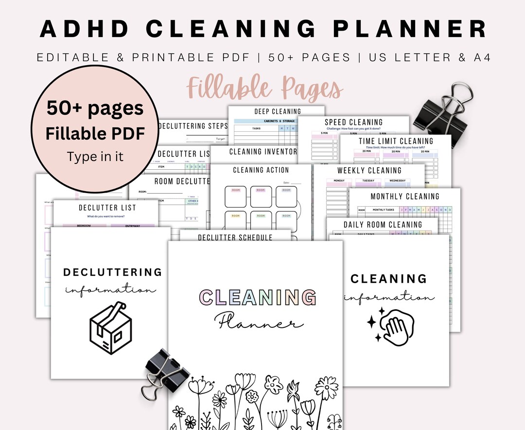 Editable ADHD Cleaning Planner, Fillable Cleaning Checklist Bundle ...