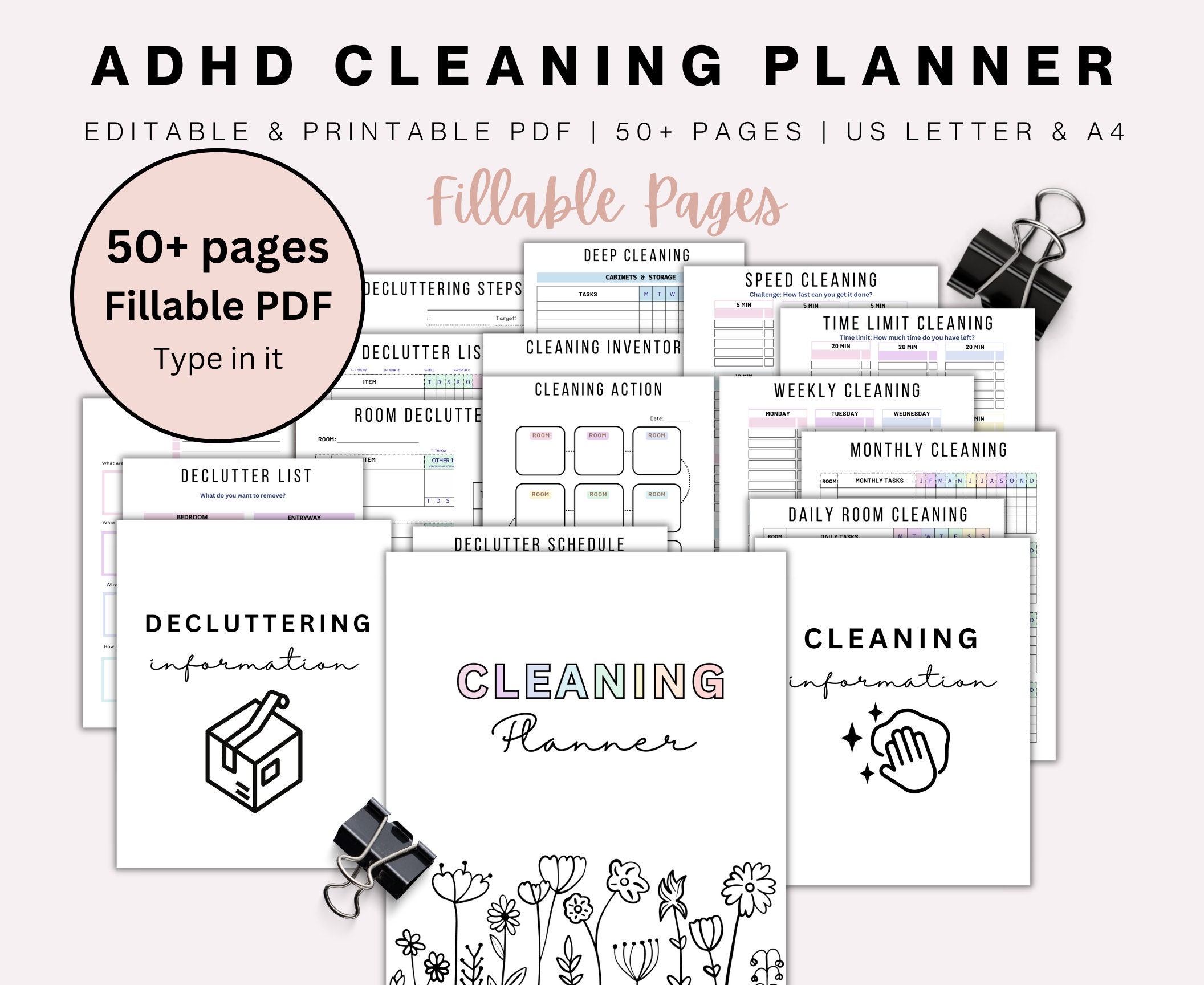 Editable ADHD Cleaning Planner, Fillable Cleaning Checklist Bundle ...