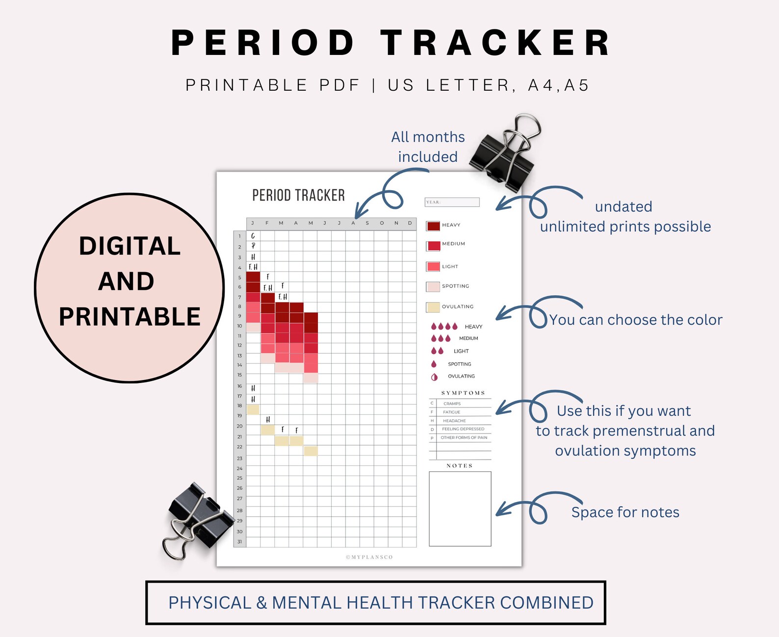 Period Tracker A5 A4 Letter Printable Menstruation Tracker Ovulation ...