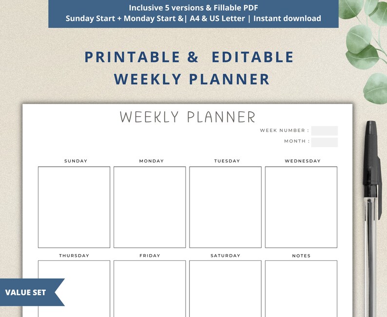 Weekly Planner Printable Fillable Editable Minimalist Weekly Schedule ...